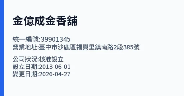 金億成金香舖的照片-統編 39901345(臺中市) 公司登記資料與營業項目詳細圖表