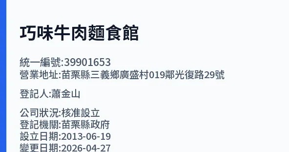 巧味牛肉麵食館的照片-統編 39901653(苗栗縣) 公司登記資料與營業項目詳細圖表