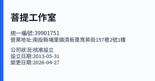 菩提工作室的照片-統編 39901751(南投縣) 公司登記資料與營業項目詳細圖表