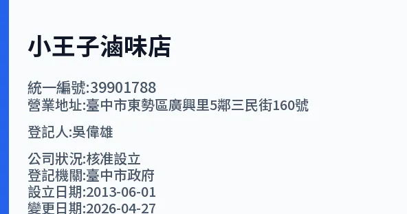 小王子滷味店的照片-統編 39901788(臺中市) 公司登記資料與營業項目詳細圖表