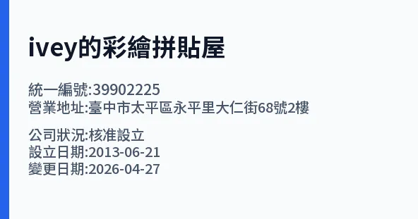 ivey的彩繪拼貼屋的照片-統編 39902225(臺中市) 公司登記資料與營業項目詳細圖表