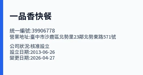一品香快餐的照片-統編 39906778(臺中市) 公司登記資料與營業項目詳細圖表