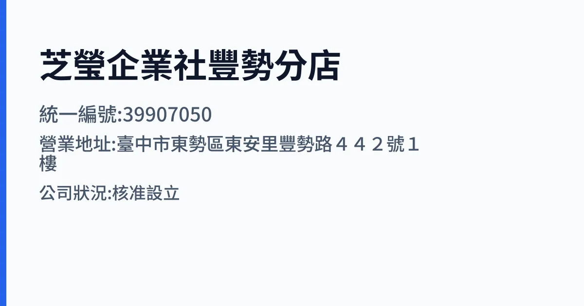芝瑩企業社豐勢分店 - 統編 39907050(臺中市) 公司登記資料與營業項目詳細圖表