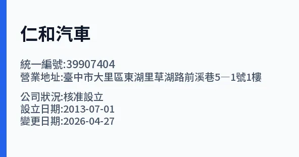 仁和汽車的照片-統編 39907404(臺中市) 公司登記資料與營業項目詳細圖表