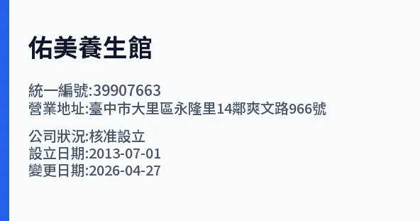 佑美養生館的照片-統編 39907663(臺中市) 公司登記資料與營業項目詳細圖表