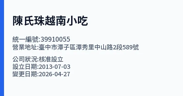 陳氏珠越南小吃的照片-統編 39910055(臺中市) 公司登記資料與營業項目詳細圖表