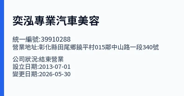 奕泓專業汽車美容的照片-統編 39910288(彰化縣) 公司登記資料與營業項目詳細圖表