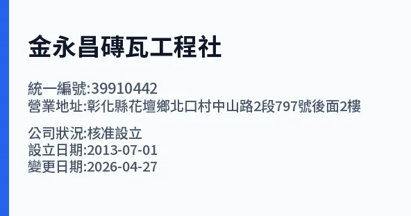金永昌磚瓦工程社的照片-統編 39910442(彰化縣) 公司登記資料與營業項目詳細圖表