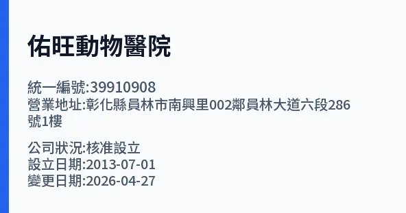 佑旺動物醫院的照片-統編 39910908(彰化縣) 公司登記資料與營業項目詳細圖表