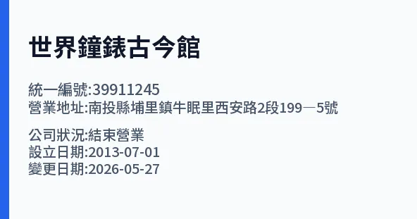 世界鐘錶古今館的照片-統編 39911245(南投縣) 公司登記資料與營業項目詳細圖表