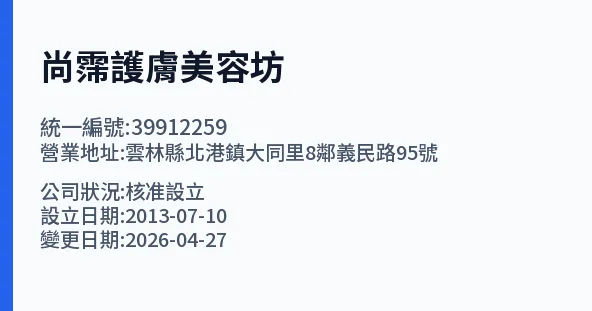 尚霈護膚美容坊的照片-統編 39912259(雲林縣) 公司登記資料與營業項目詳細圖表