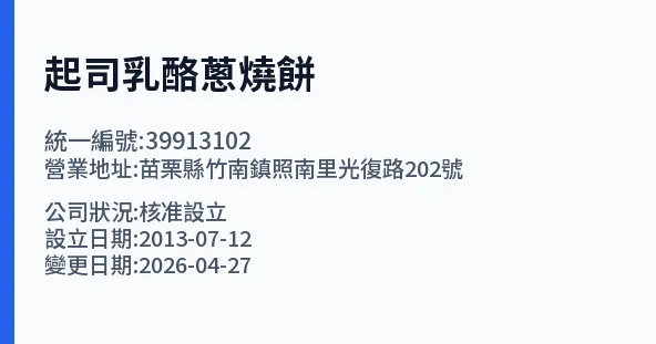 起司乳酪蔥燒餅的照片-統編 39913102(苗栗縣) 公司登記資料與營業項目詳細圖表