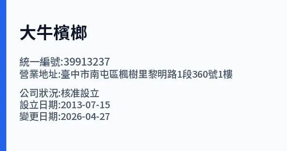 大牛檳榔的照片-統編 39913237(臺中市) 公司登記資料與營業項目詳細圖表
