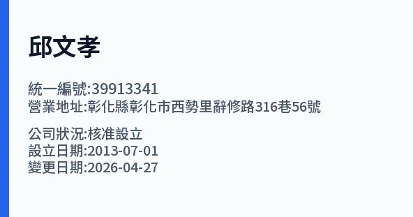 邱文孝的照片-統編 39913341(彰化縣) 公司登記資料與營業項目詳細圖表