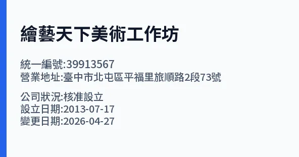 繪藝天下美術工作坊的照片-統編 39913567(臺中市) 公司登記資料與營業項目詳細圖表