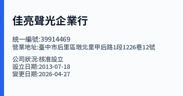 佳亮聲光企業行的照片-統編 39914469(臺中市) 公司登記資料與營業項目詳細圖表