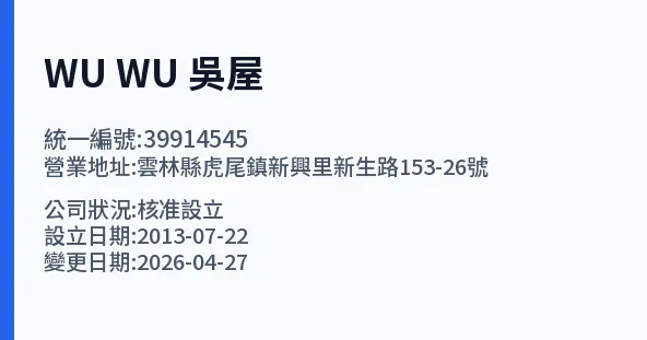 WU WU 吳屋的照片-統編 39914545(雲林縣) 公司登記資料與營業項目詳細圖表