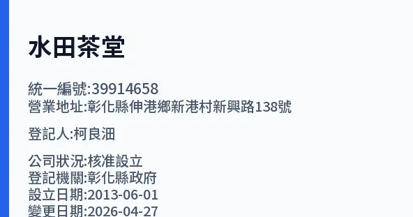 水田茶堂的照片-統編 39914658(彰化縣) 公司登記資料與營業項目詳細圖表