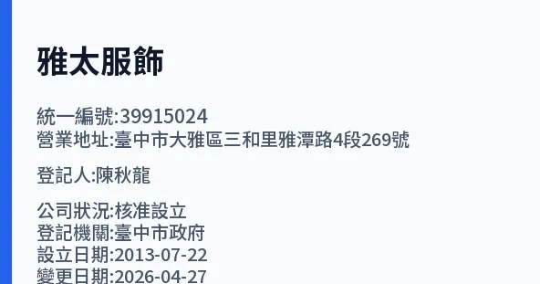 雅太服飾的照片-統編 39915024(臺中市) 公司登記資料與營業項目詳細圖表