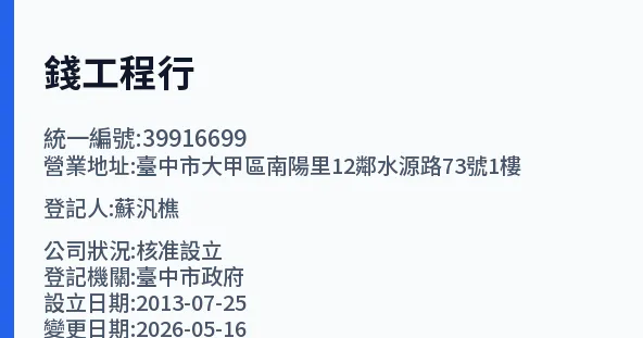 錢工程行的照片-統編 39916699(臺中市) 公司登記資料與營業項目詳細圖表