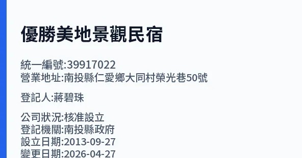 優勝美地景觀民宿的照片-統編 39917022(南投縣) 公司登記資料與營業項目詳細圖表