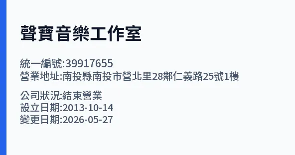 聲寶音樂工作室的照片-統編 39917655(南投縣) 公司登記資料與營業項目詳細圖表