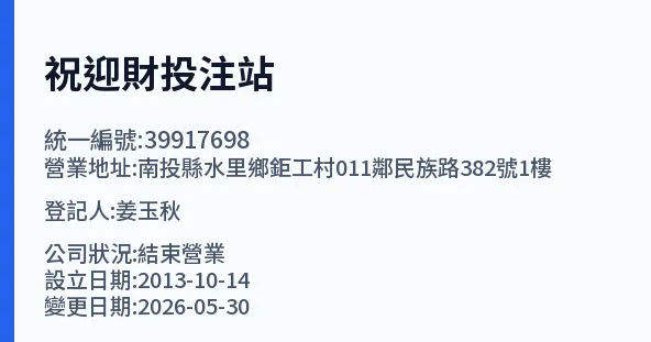 祝迎財投注站的照片-統編 39917698(南投縣) 公司登記資料與營業項目詳細圖表