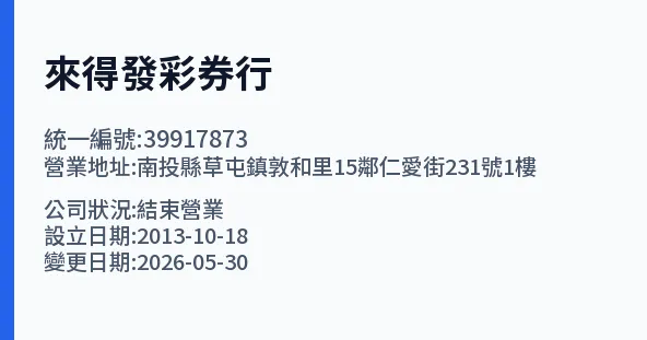 來得發彩券行的照片-統編 39917873(南投縣) 公司登記資料與營業項目詳細圖表