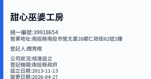 甜心巫婆工房的照片-統編 39918654(南投縣) 公司登記資料與營業項目詳細圖表