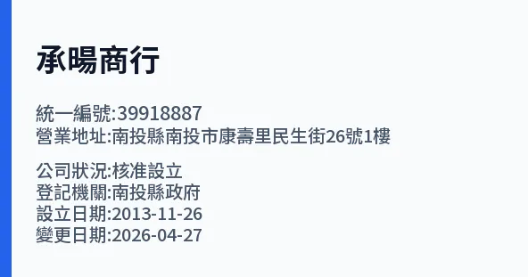 承暘商行的照片-統編 39918887(南投縣) 公司登記資料與營業項目詳細圖表