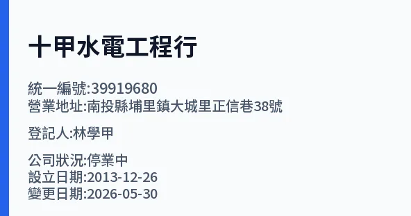 十甲水電工程行的照片-統編 39919680(南投縣) 公司登記資料與營業項目詳細圖表