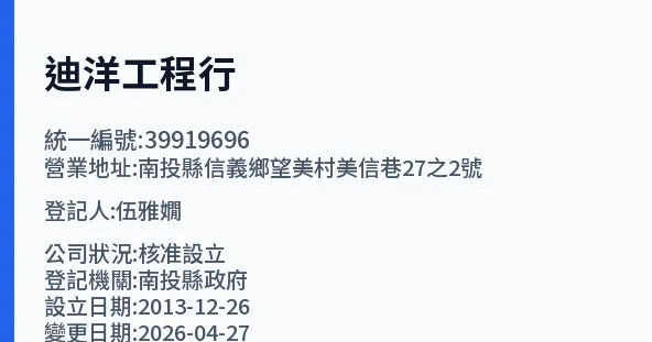 迪洋工程行的照片-統編 39919696(南投縣) 公司登記資料與營業項目詳細圖表