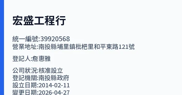 宏盛工程行的照片-統編 39920568(南投縣) 公司登記資料與營業項目詳細圖表