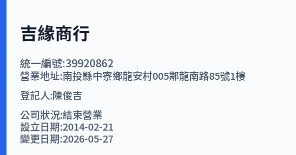 吉緣商行的照片-統編 39920862(南投縣) 公司登記資料與營業項目詳細圖表