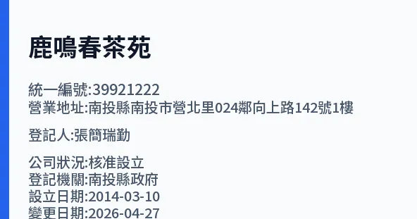 鹿鳴春茶苑的照片-統編 39921222(南投縣) 公司登記資料與營業項目詳細圖表