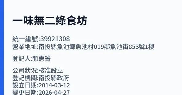 一味無二綠食坊的照片-統編 39921308(南投縣) 公司登記資料與營業項目詳細圖表