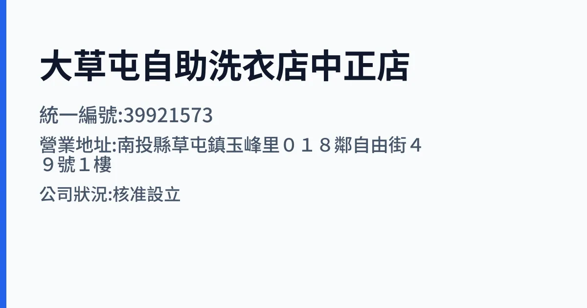 大草屯自助洗衣店中正店 - 統編 39921573(南投縣) 公司登記資料與營業項目詳細圖表