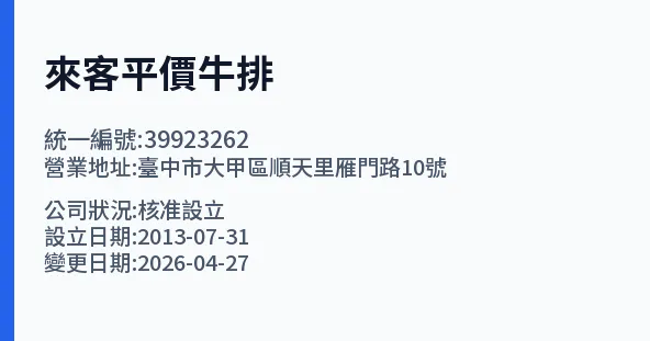 來客平價牛排的照片-統編 39923262(臺中市) 公司登記資料與營業項目詳細圖表