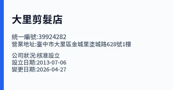 大里剪髮店的照片-統編 39924282(臺中市) 公司登記資料與營業項目詳細圖表