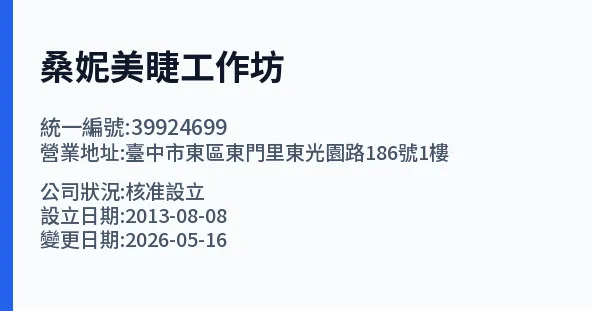 桑妮美睫工作坊的照片-統編 39924699(臺中市) 公司登記資料與營業項目詳細圖表