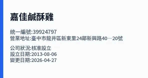 嘉佳鹹酥雞的照片-統編 39924797(臺中市) 公司登記資料與營業項目詳細圖表