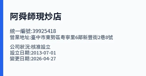 阿舜師現炒店的照片-統編 39925418(臺中市) 公司登記資料與營業項目詳細圖表