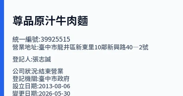 尊品原汁牛肉麵的照片-統編 39925515(臺中市) 公司登記資料與營業項目詳細圖表