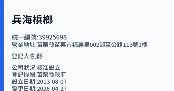 兵海梹榔的照片-統編 39925698(苗栗縣) 公司登記資料與營業項目詳細圖表