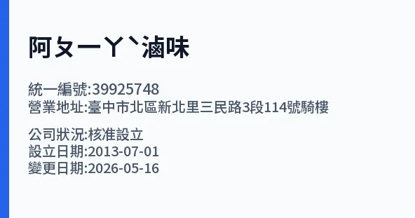 阿ㄆ一ㄚˋ滷味的照片-統編 39925748(臺中市) 公司登記資料與營業項目詳細圖表