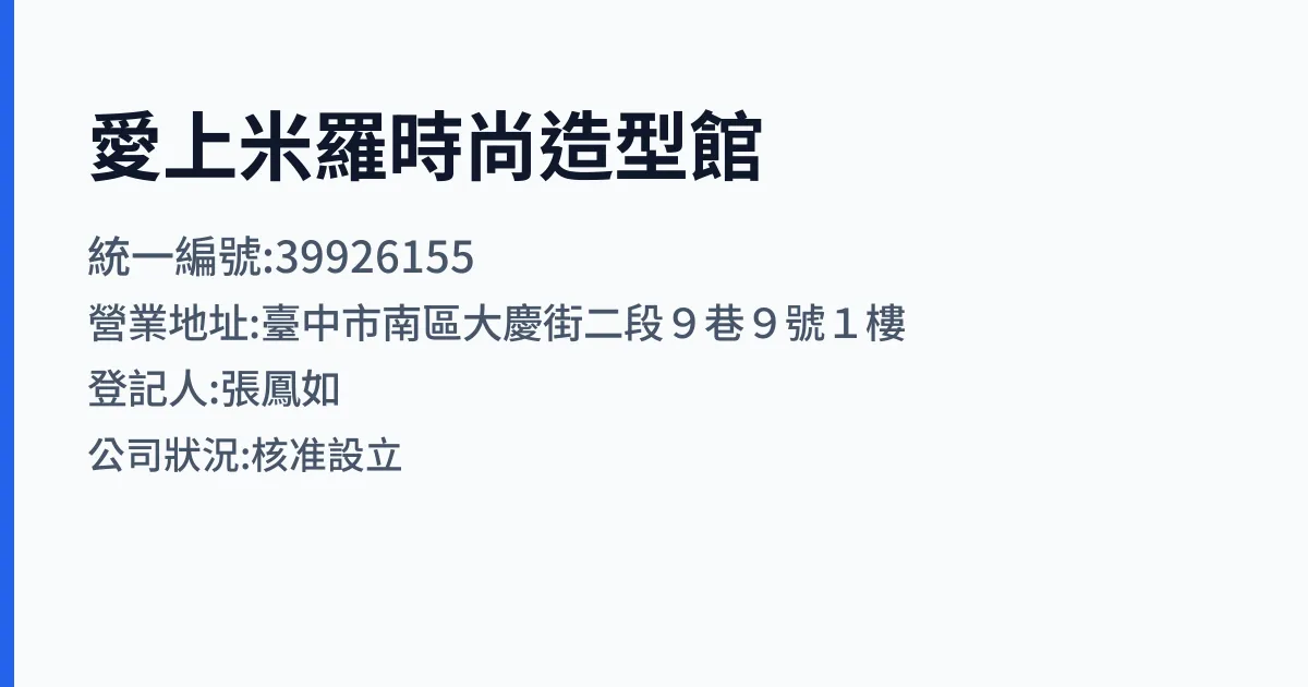 愛上米羅時尚造型館 - 統編 39926155(臺中市) 公司登記資料與營業項目詳細圖表