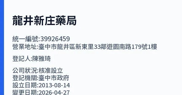 龍井新庄藥局的照片-統編 39926459(臺中市) 公司登記資料與營業項目詳細圖表