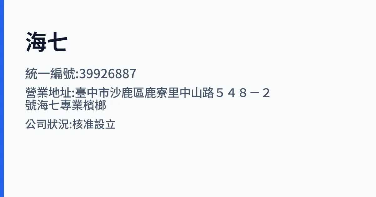 海七 - 統編 39926887(臺中市) 公司登記資料與營業項目詳細圖表