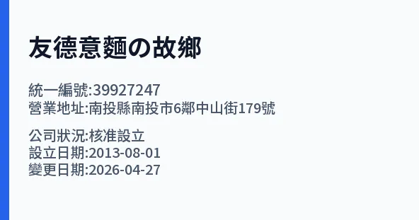 友德意麵の故鄉的照片-統編 39927247(南投縣) 公司登記資料與營業項目詳細圖表