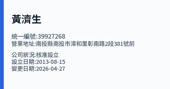 黃濟生的照片-統編 39927268(南投縣) 公司登記資料與營業項目詳細圖表